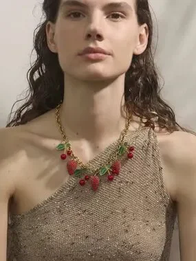 Anthropologie | Jewelry | Red Strawberry Cherry Fruit Gold Necklace ...